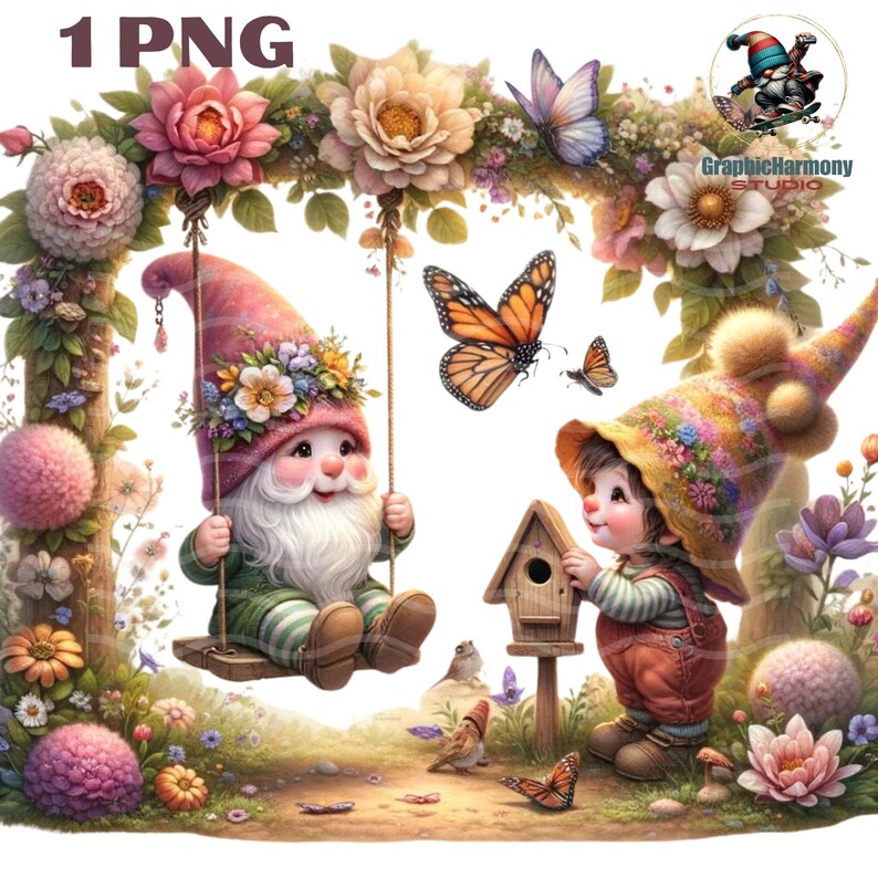 Floral Garden Gnome Clipart PNG Monarch Butterfly and Gnome Children ...