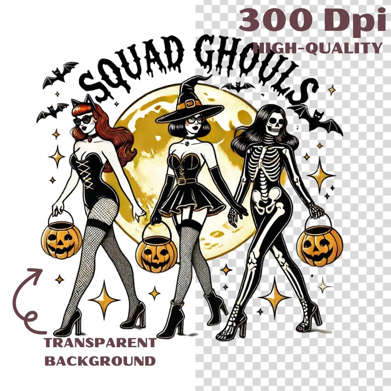 Vintage Halloween Pin-up Art Squad Ghouls PNG Digital Download Retro ...