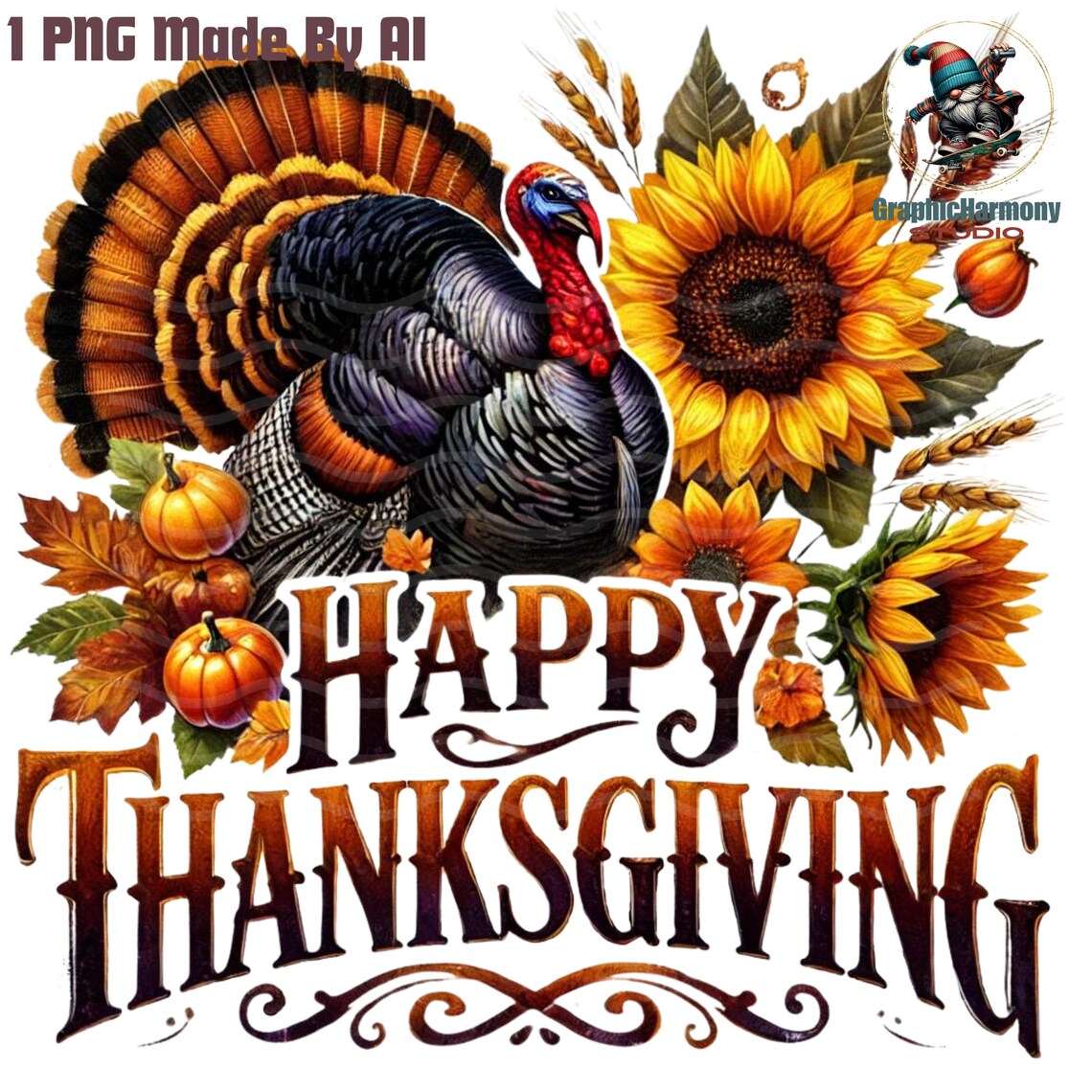Fall "happy Thanksgiving" PNG With Turkey and Sunflowers, Autumn ...