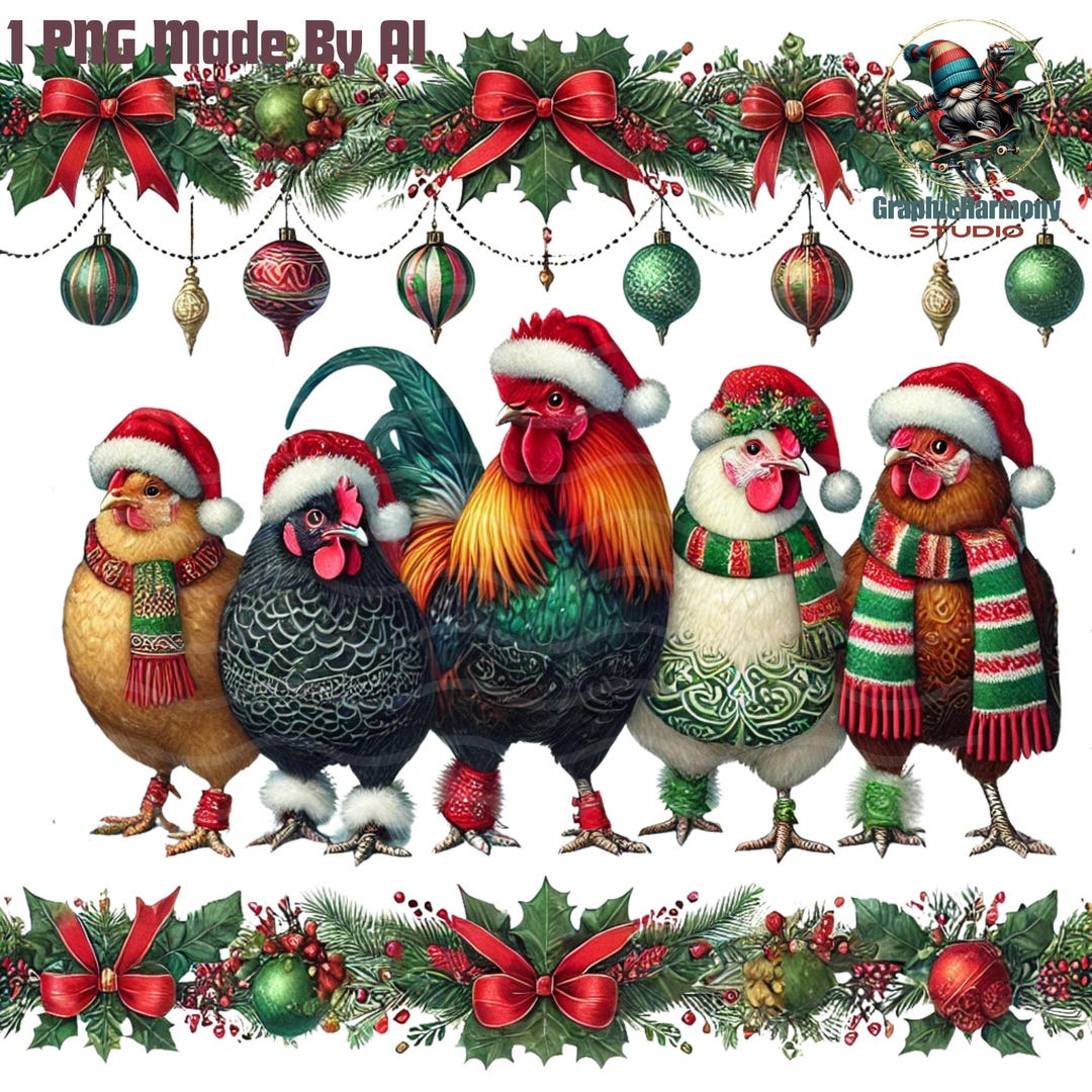 Festive Christmas Chicken Art - Colorful Roosters in Santa Hats ...