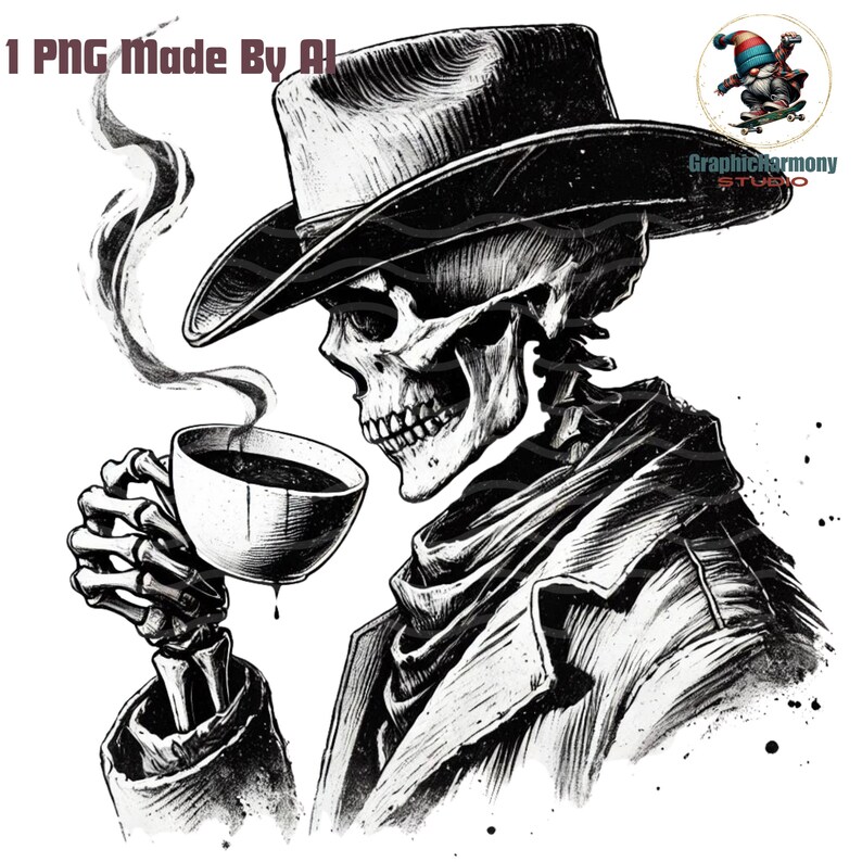 Skeleton Drinking Coffee PNG | Western Skull Clipart | Gothic Cowboy ...