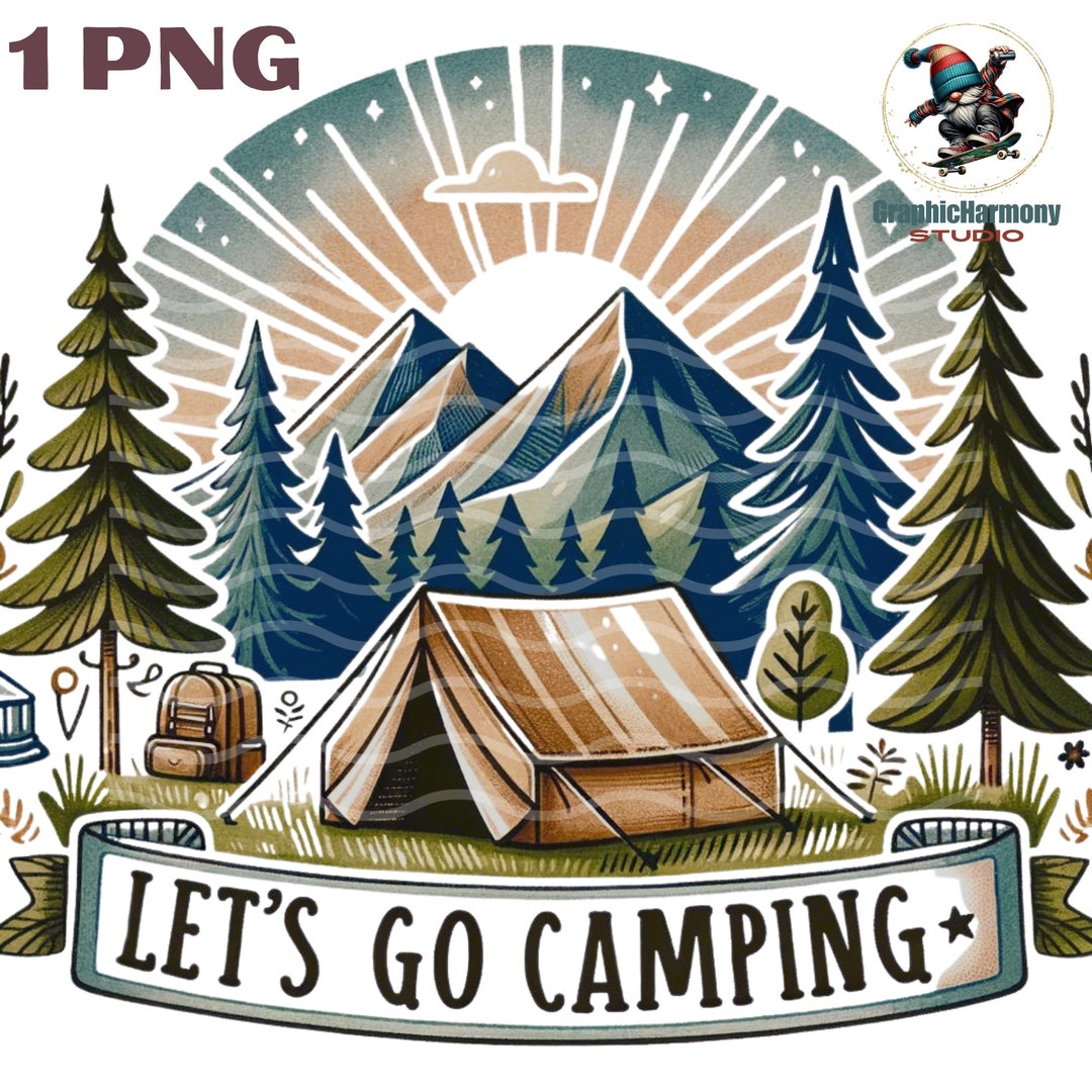 Let's Go Camping Clipart PNG, Outdoor Adventure Digital Download, Camping Tent and Forest Art ...