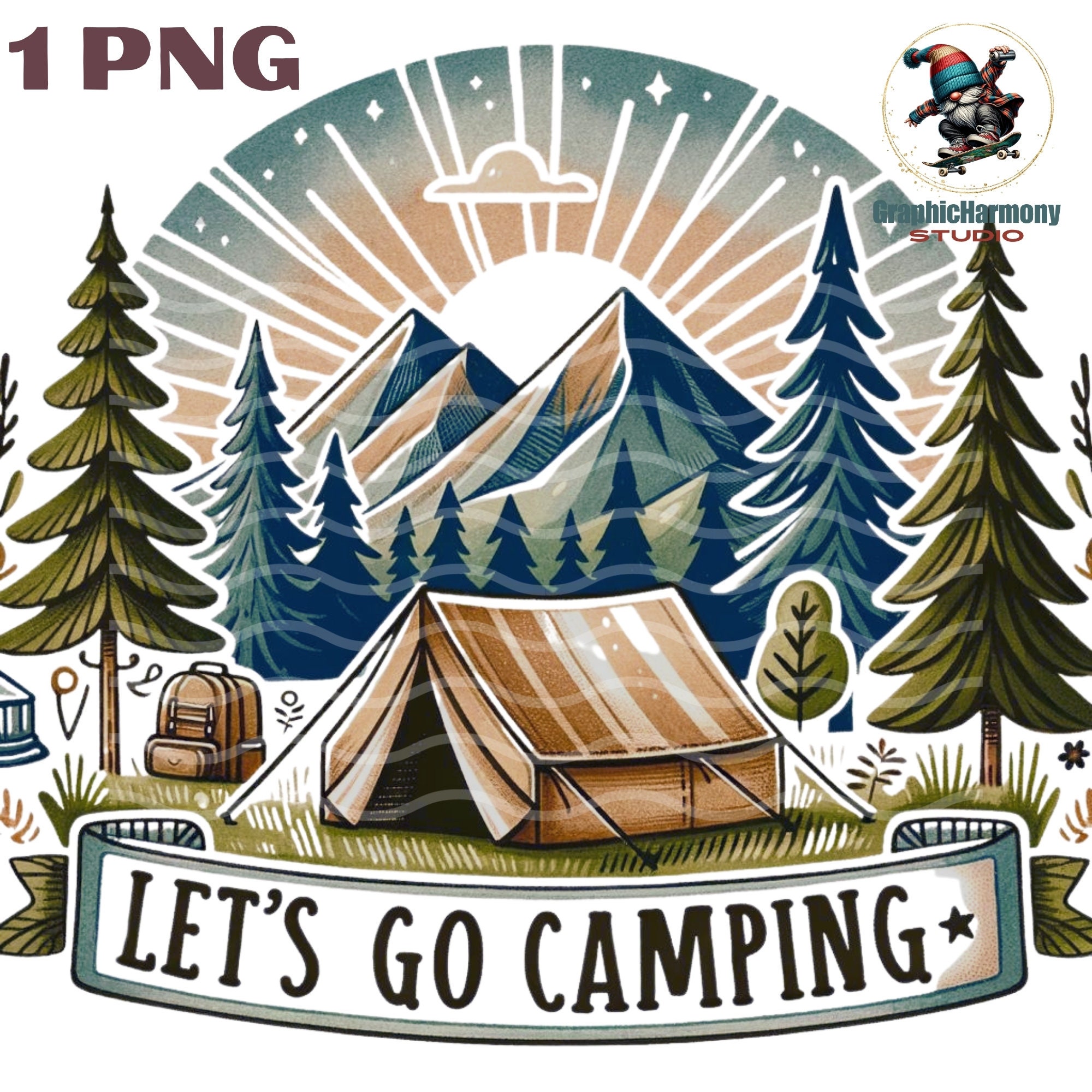 Let's Go Camping Clipart PNG, Outdoor Adventure Digital Download, Camping Tent and Forest Art ...
