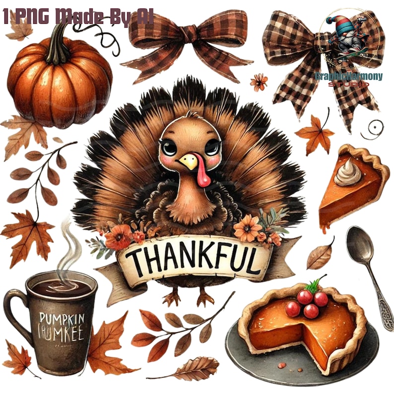 Thankful Turkey PNG, Cute Thanksgiving Clipart, Fall Bows and Pumpkin ...
