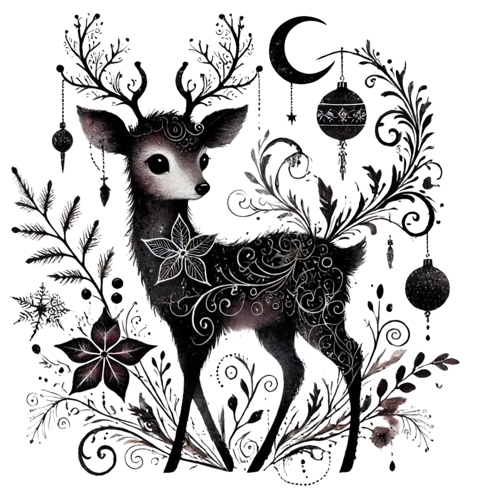 Enchanted Gothic Deer Art - Mystical Black Floral Reindeer Illustration ...