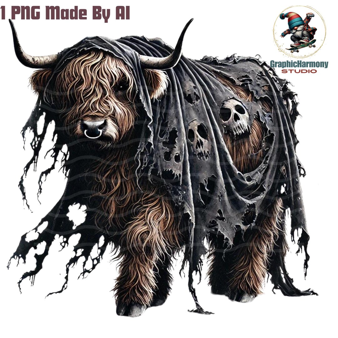 Gothic Highland Cow PNG, Spooky Skull Cloak Art, Halloween Digital ...