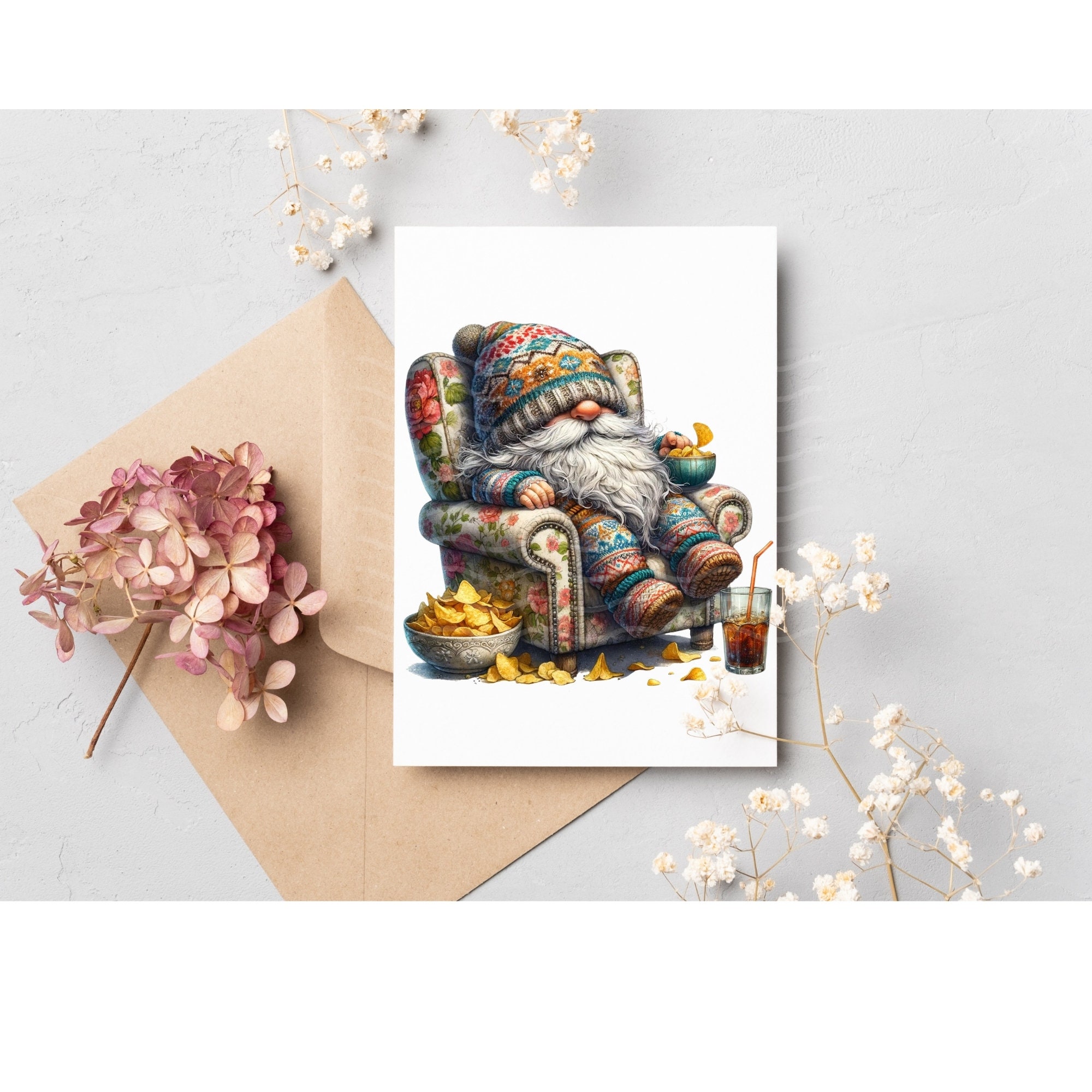 Snacking Gnome Digital Art Printable Cozy Gnome Illustration Relaxing ...