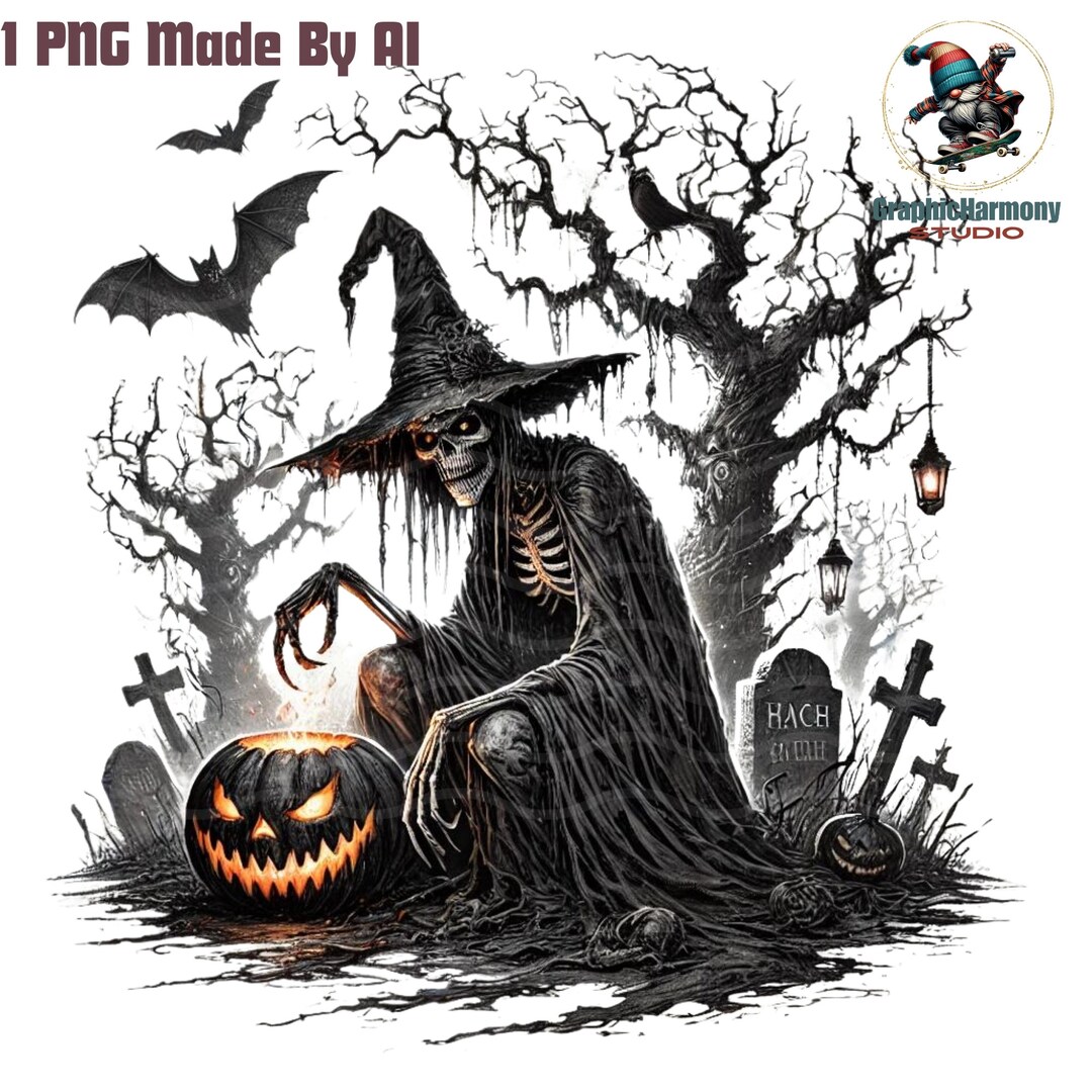 Vintage Halloween Skeleton Witch PNG Digital File | Spooky Graveyard ...