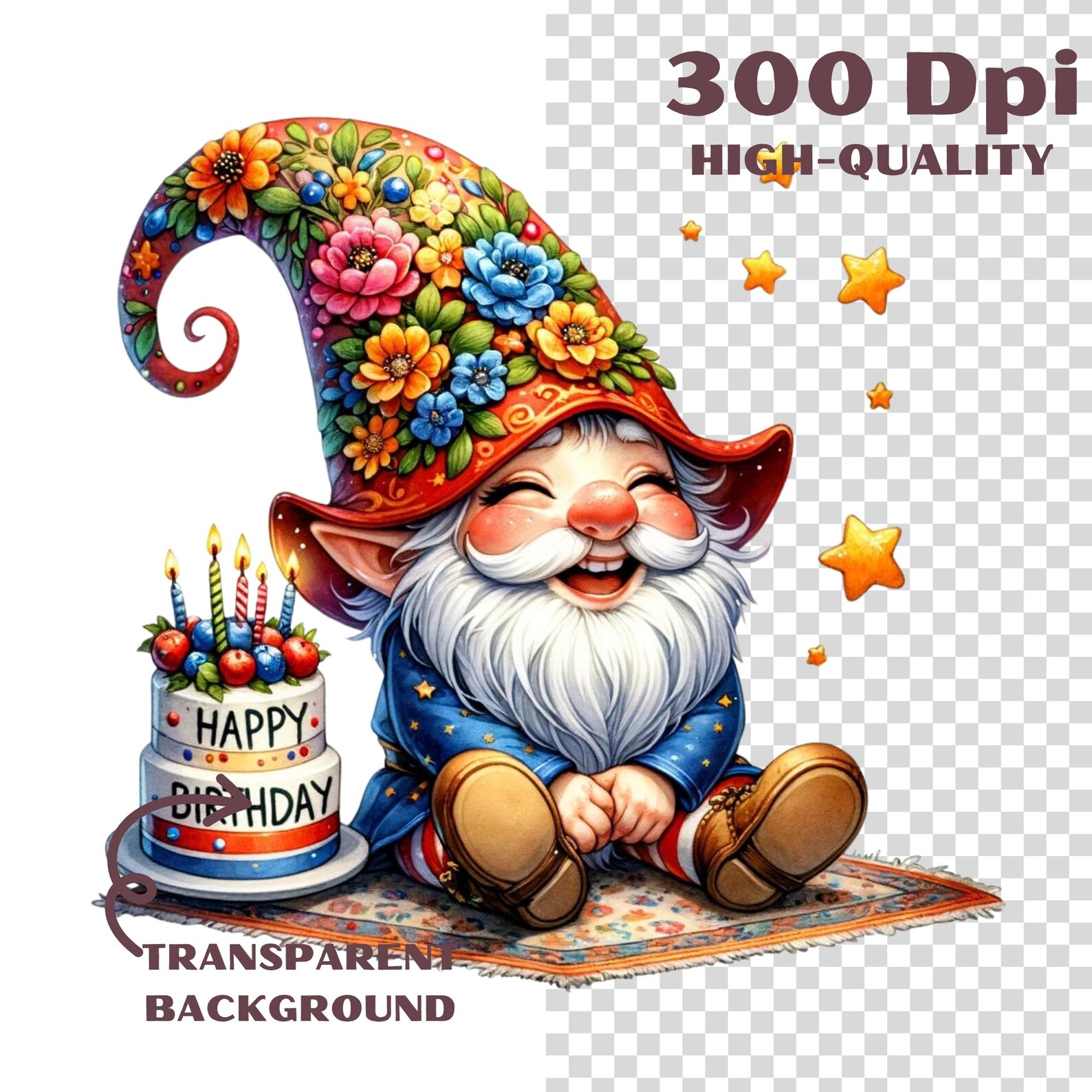 Joyous Garden Gnome Birthday Clipart Colorful PNG File, Instant ...