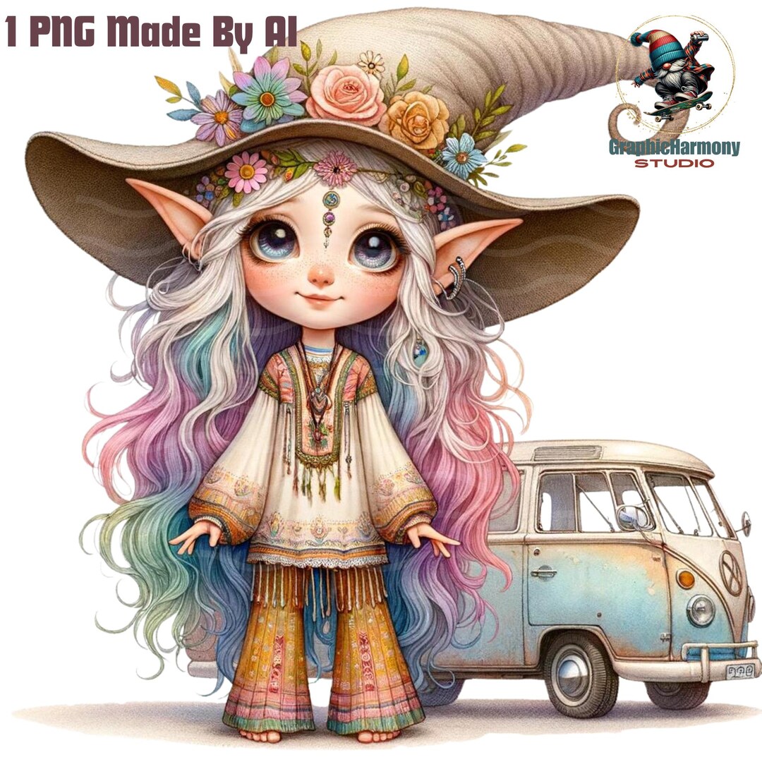 Hippie Elf Art Print - Boho Fantasy Illustration, Retro Van Design ...