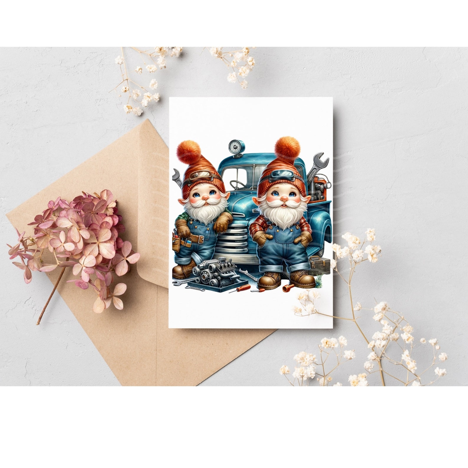 Vintage Mechanic Gnome Clipart PNG - Classic Car Repair Gnome ...