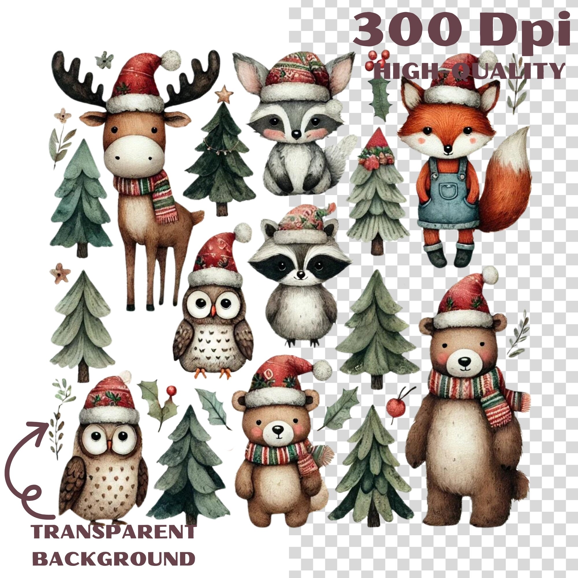 Christmas Woodland Animals PNG, Cute Forest Creatures Clipart, Holiday ...