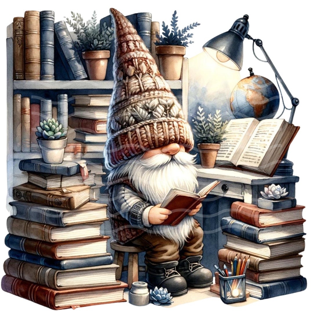 Reading Gnome Clipart Digital Download, Bookworm Gnome PNG, Scholarly ...