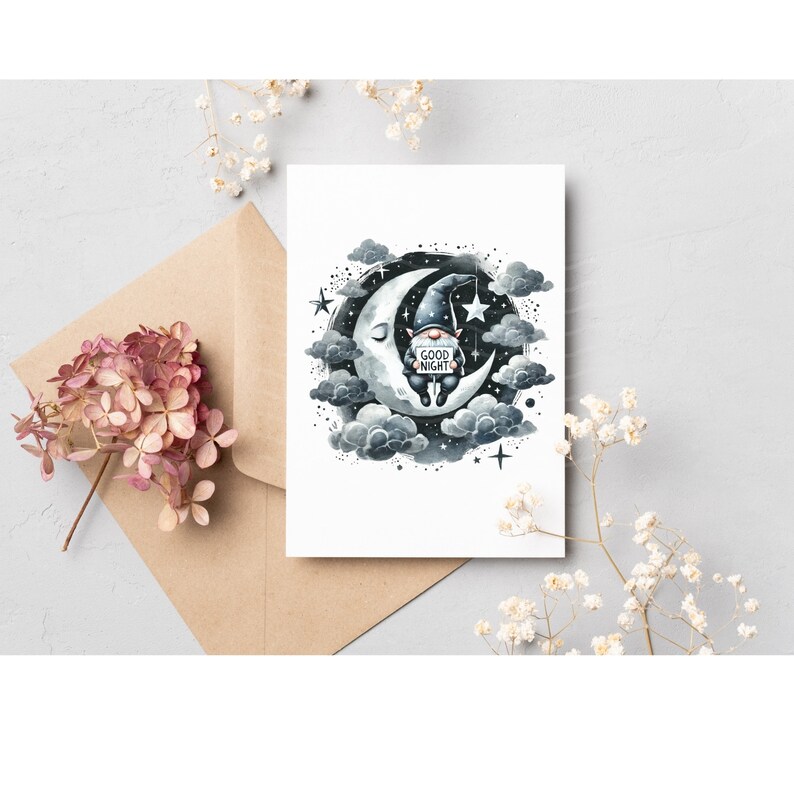 Sleepy Gnome on Moon Good Night Clipart, Nursery Wall Art PNG ...