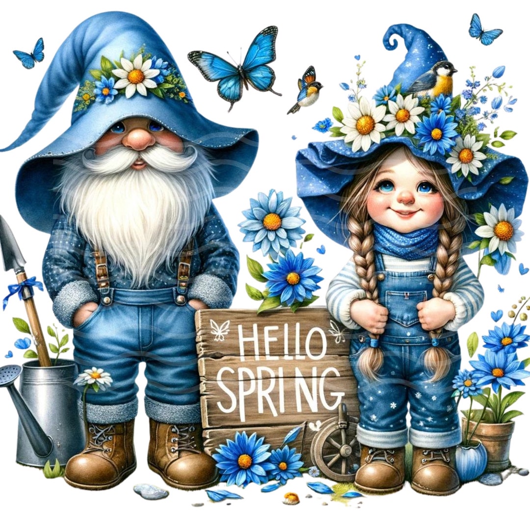 Hello Spring Gnome Duo Clipart - Whimsical Gnomes & Blooms Digital Art ...