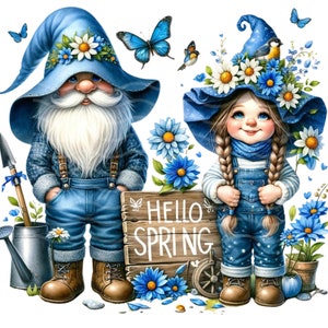 Hello Spring Gnome Duo Clipart - Whimsical Gnomes & Blooms Digital Art ...