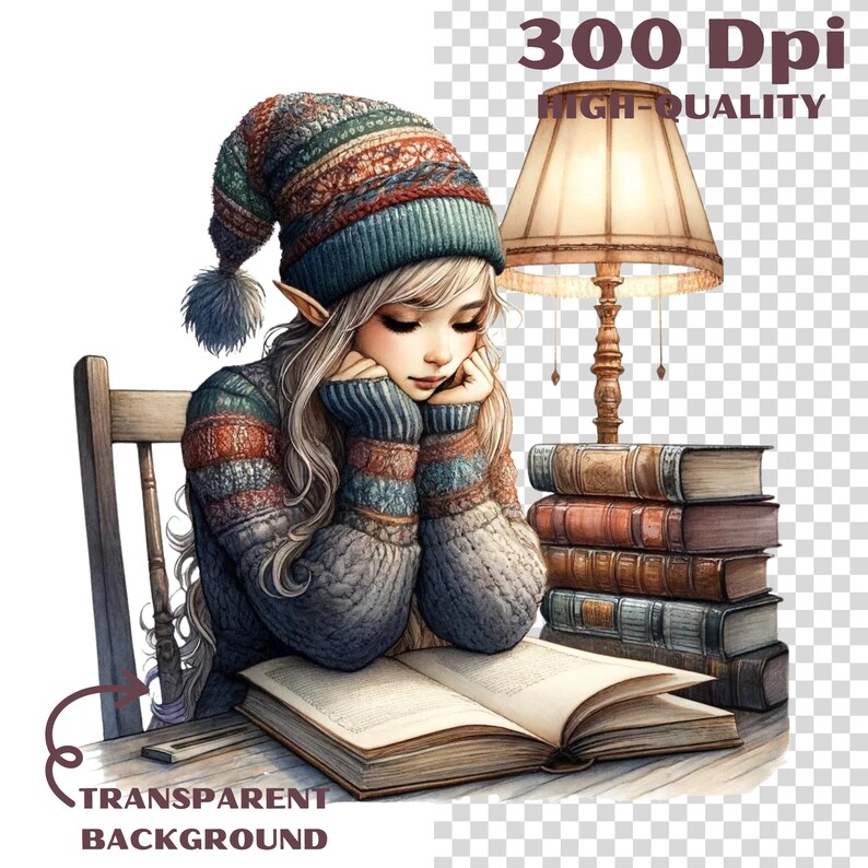 Contemplative Elf Reader Clipart Cozy Bookworm PNG, Digital Download for Bookish Decor and ...