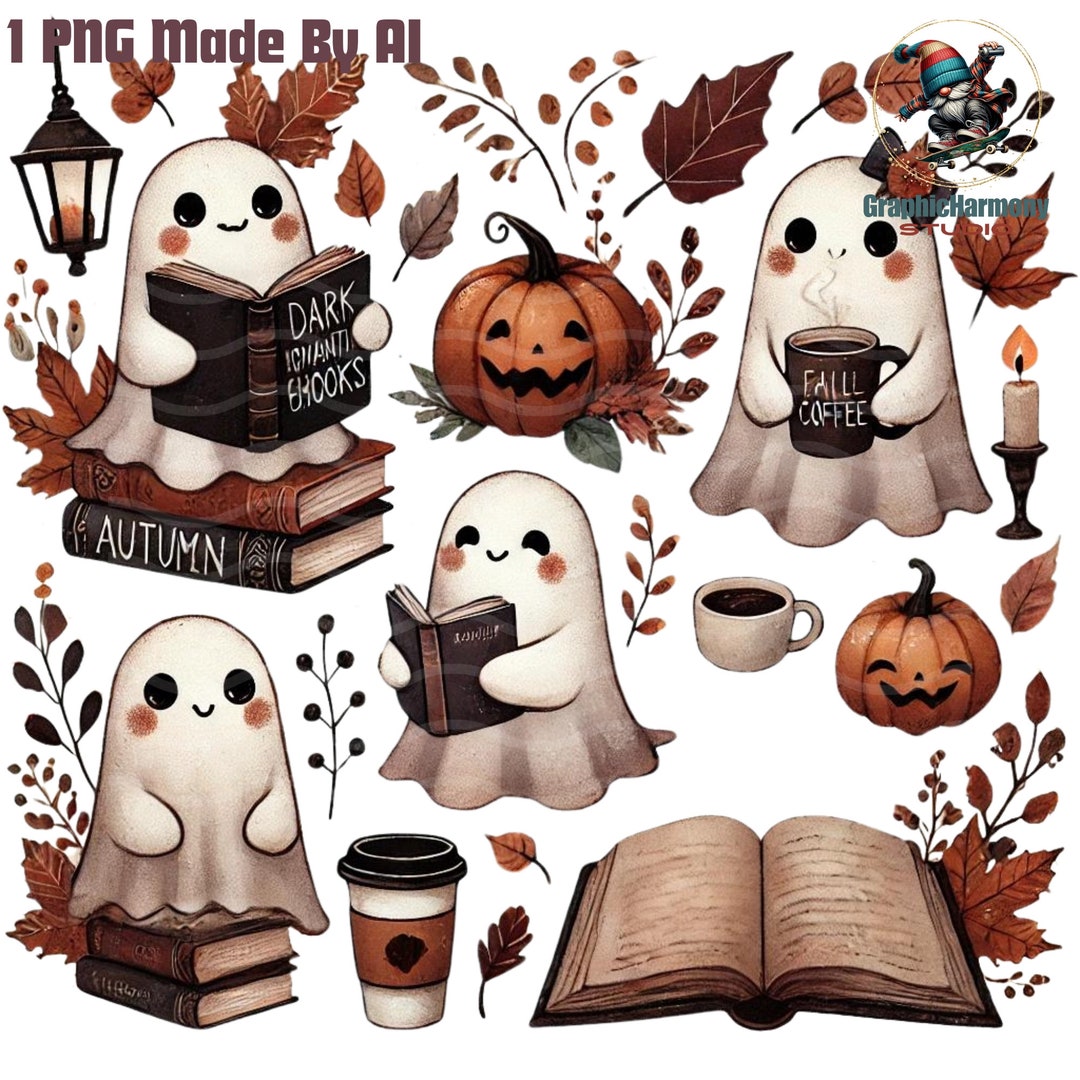 Cute Fall Ghosts Reading Books and Coffee Autumn Ghost PNG Cozy Fall ...