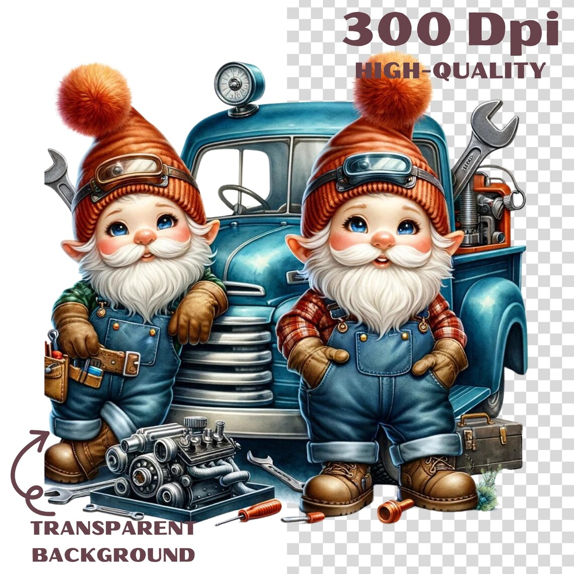 Vintage Mechanic Gnome Clipart PNG - Classic Car Repair Gnome ...