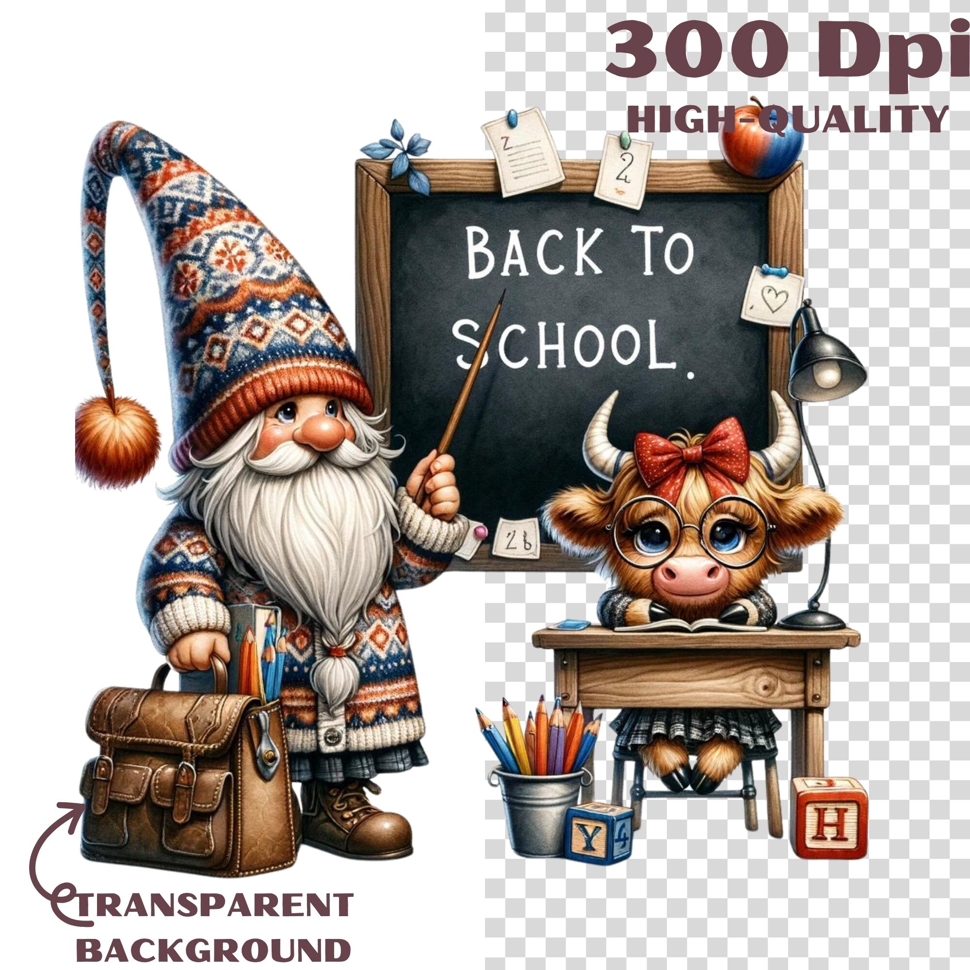 Back to School Gnome and Cow Clipart PNG Teacher Gnome Digital Download ...