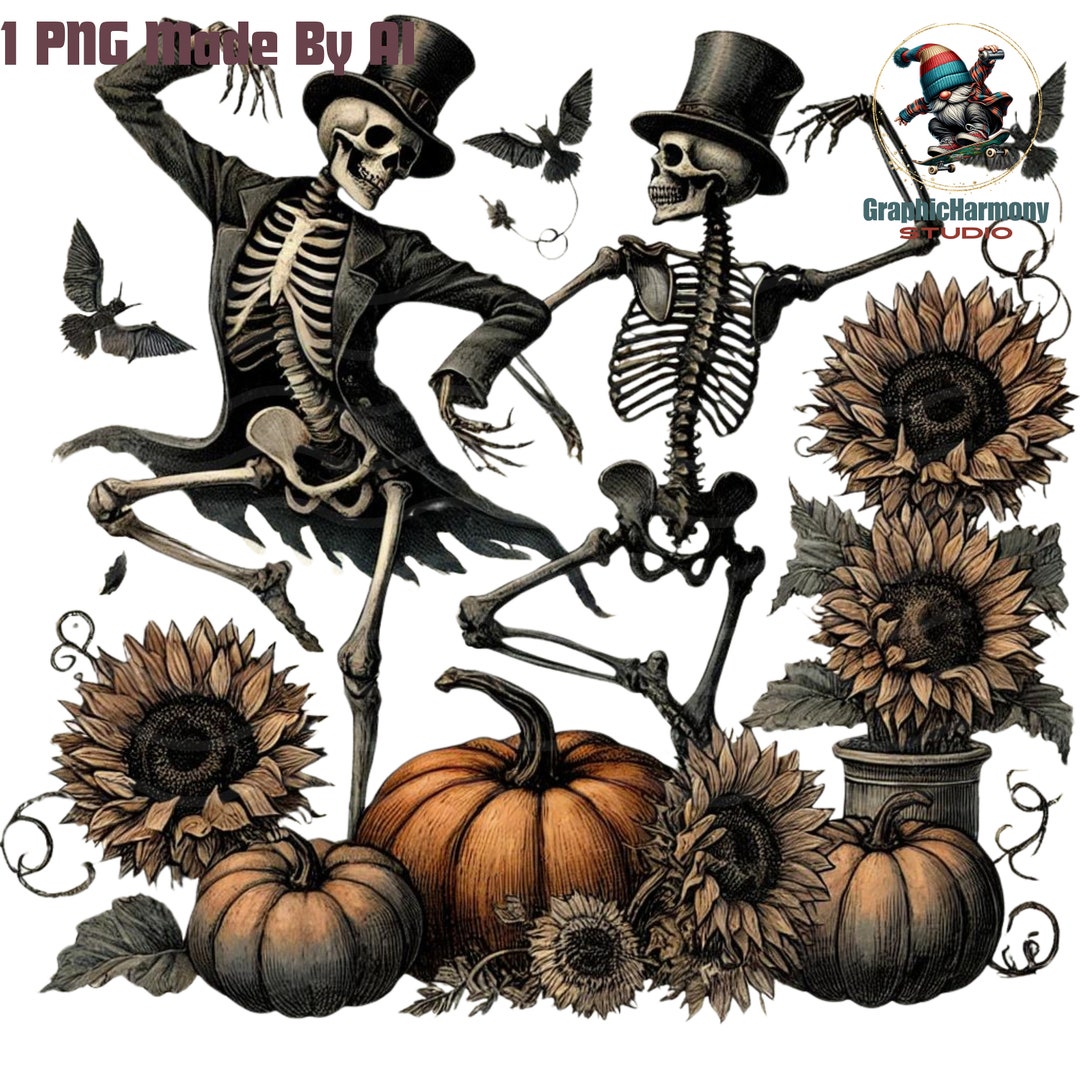 Dancing Skeletons PNG Autumn Halloween Clipart Vintage Spooky Art Fall ...