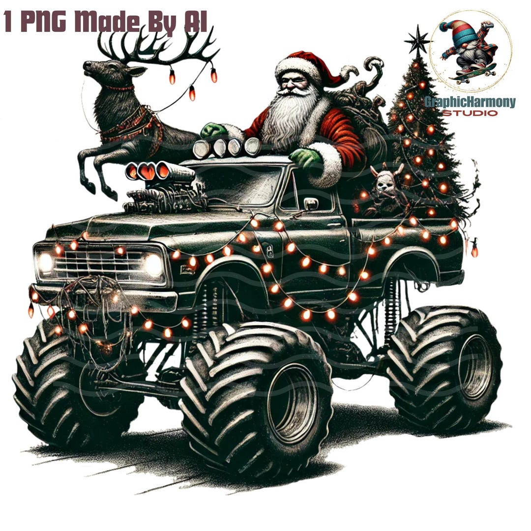 Santa Monster Truck Christmas PNG, Santa With Reindeer, Holiday PNG for ...