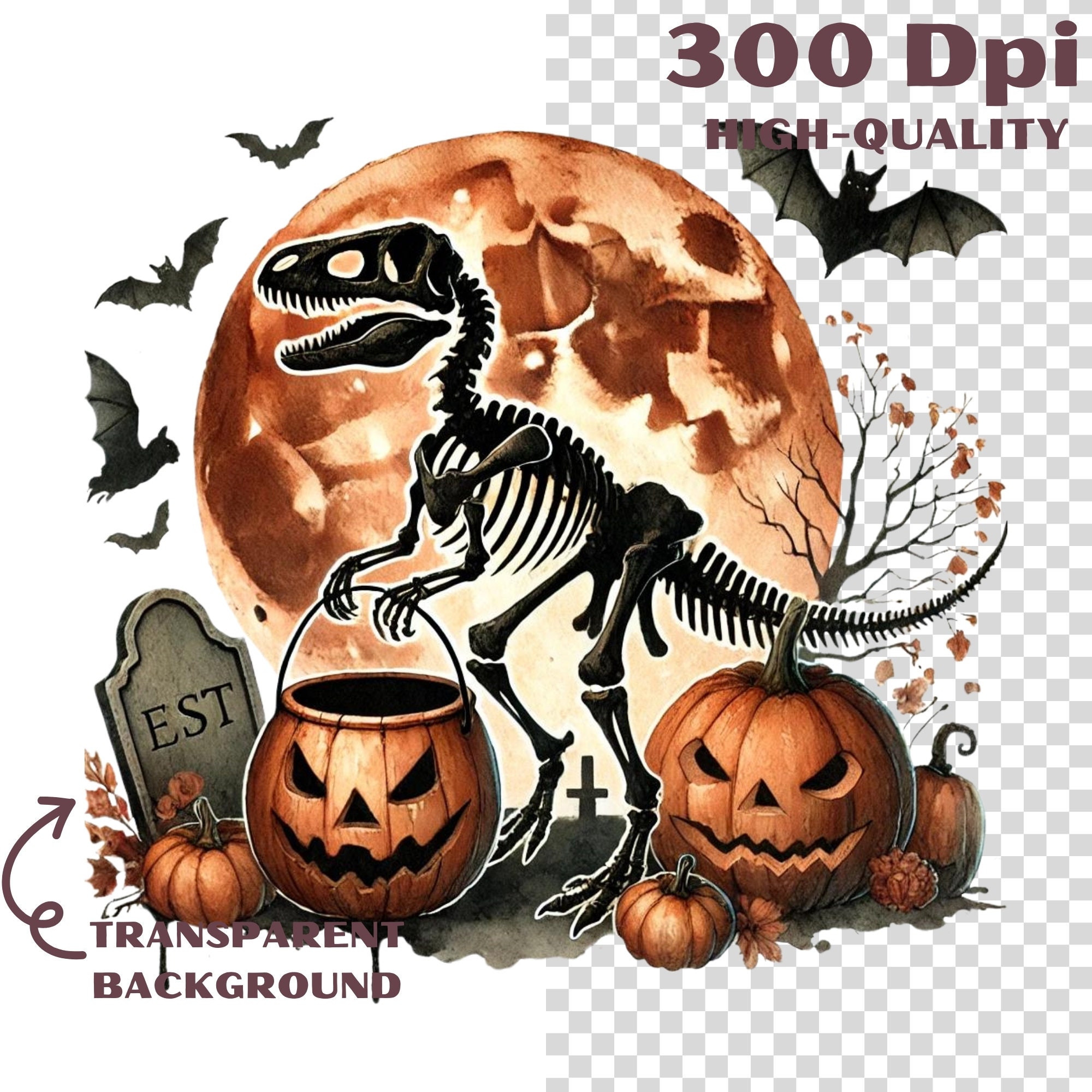 Dinosaur Skeleton Halloween PNG, Dino Trick or Treat Fall Decor, Spooky ...