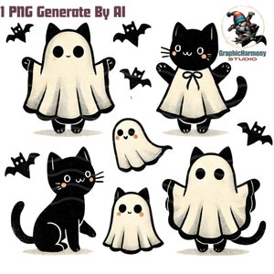 Kawaii Ghost Cats PNG - Cute Halloween Cat Clipart - Spooky Black Cats ...