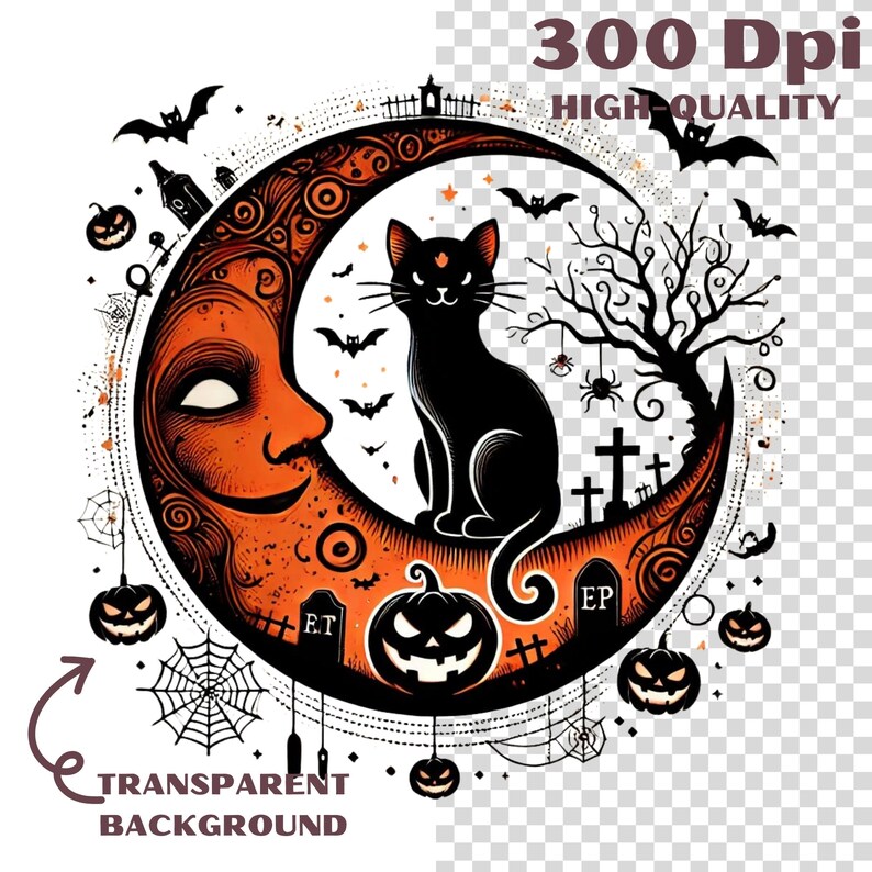 Halloween Black Cat on Crescent Moon PNG Spooky Night Digital Download ...