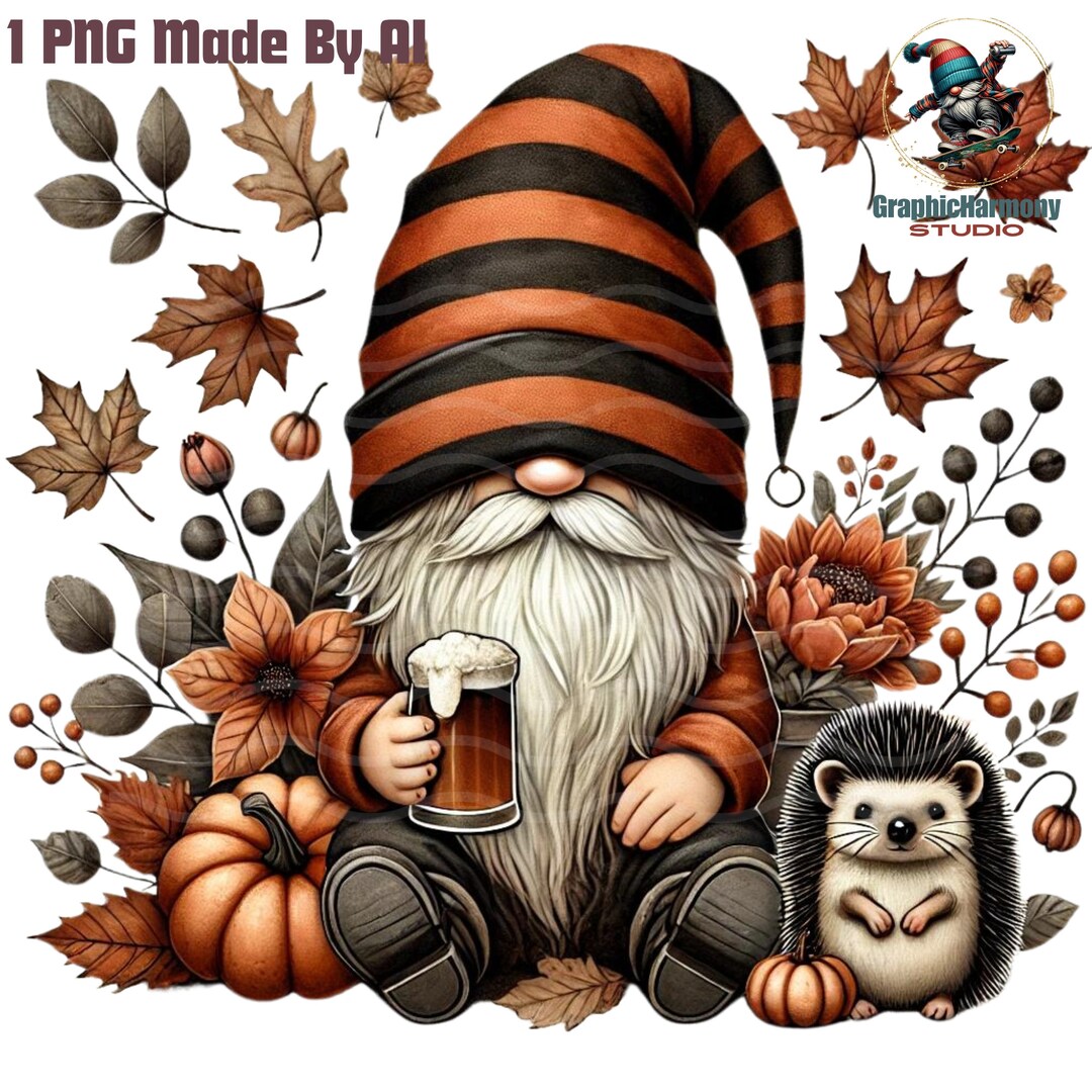 Fall Gnome PNG With Beer Mug Cute Hedgehog and Pumpkin Clipart Autumn ...