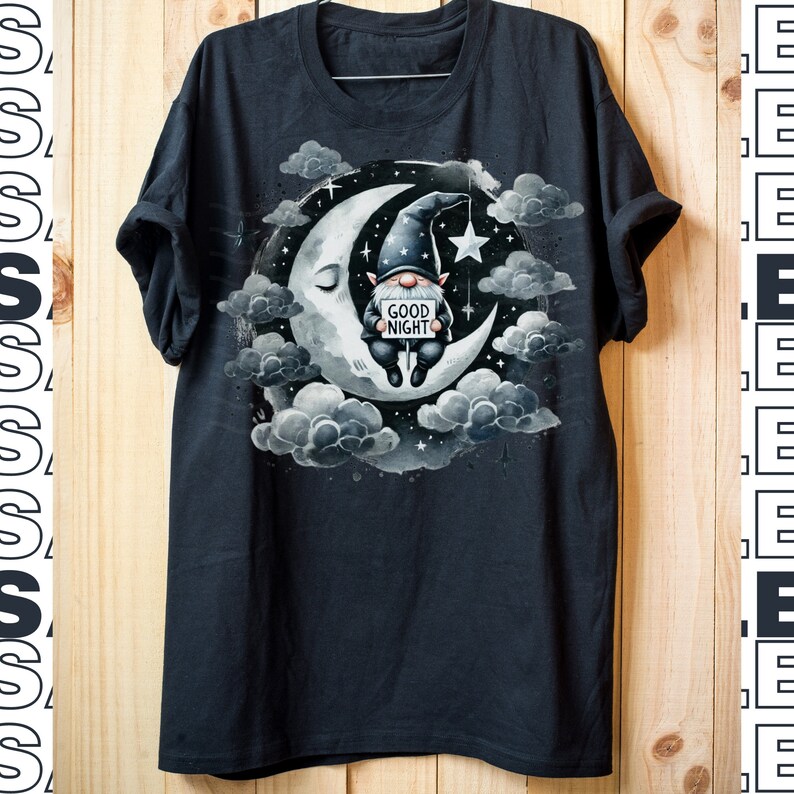 Whimsical Good Night Gnome Art - Sleepy Moon and Stars Scene, Cute ...