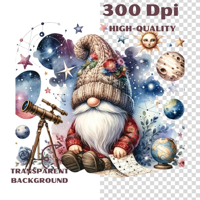 Astronomer Gnome Clipart Digital Download, Stargazing Gnome PNG, Cosmic ...