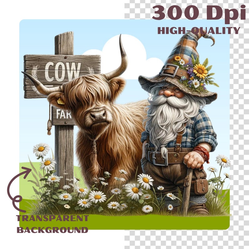 Rustic Farmer Gnome and Highland Cow Digital Clipart Charming Farm ...