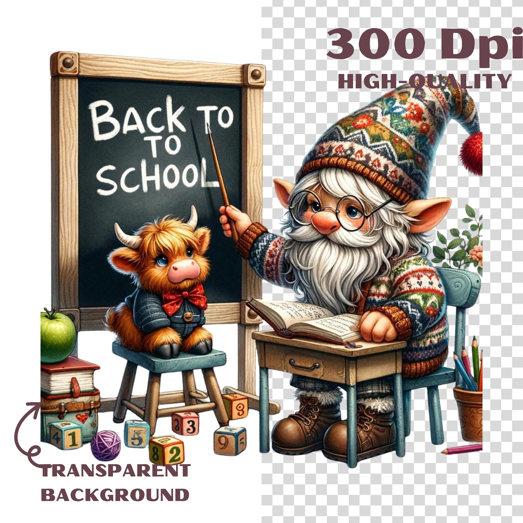 Back to School Gnome Clipart PNG Teacher Gnome With Cow Student ...