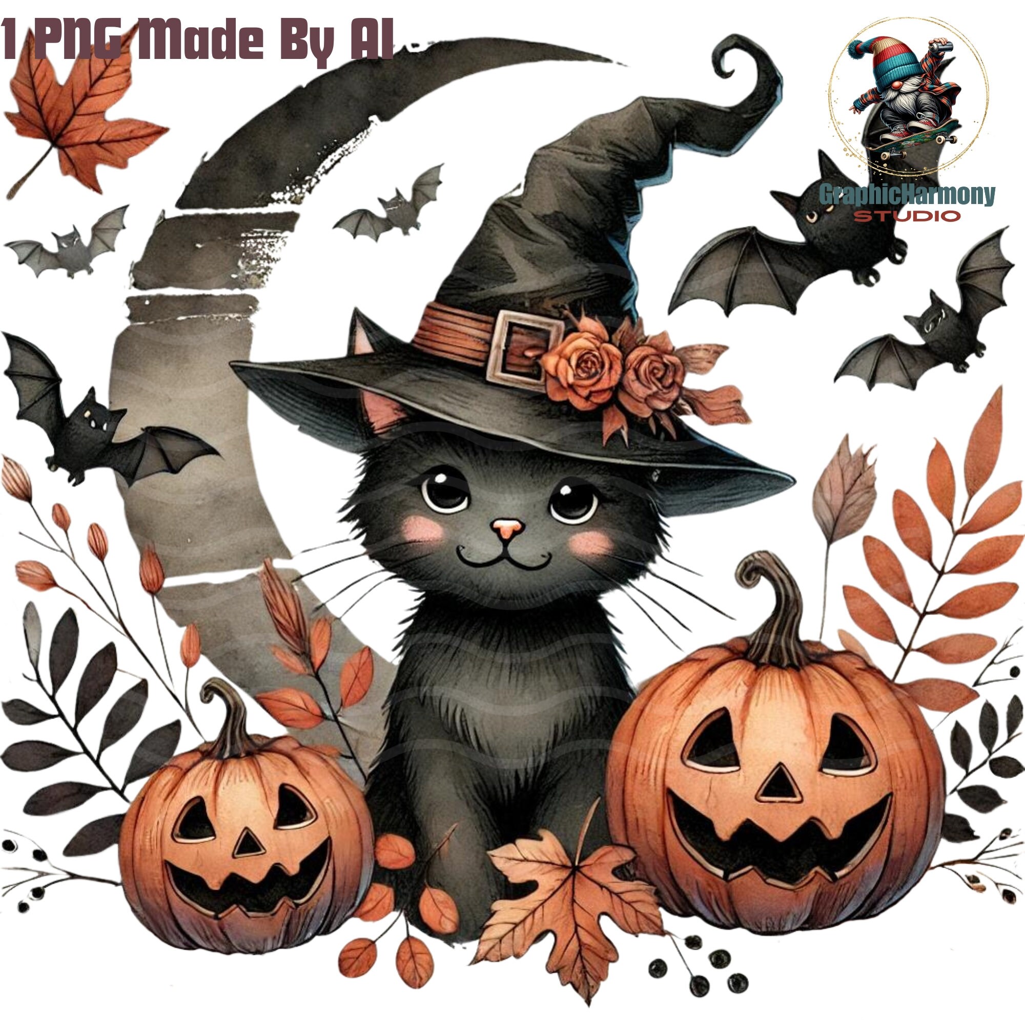 Black Cat Witch Hat PNG, Cute Halloween Cat Clipart, Fall Cat With ...