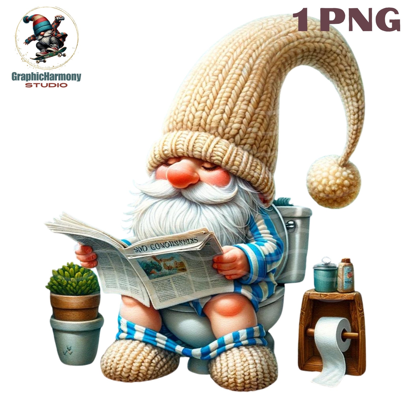 Whimsical Toilet Gnome Digital Clipart PNG - Humorous Bathroom Gnome ...
