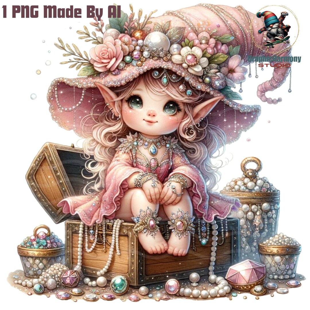 Magical Fairy Elf Art - Treasure Chest Illustration - Pink Floral ...