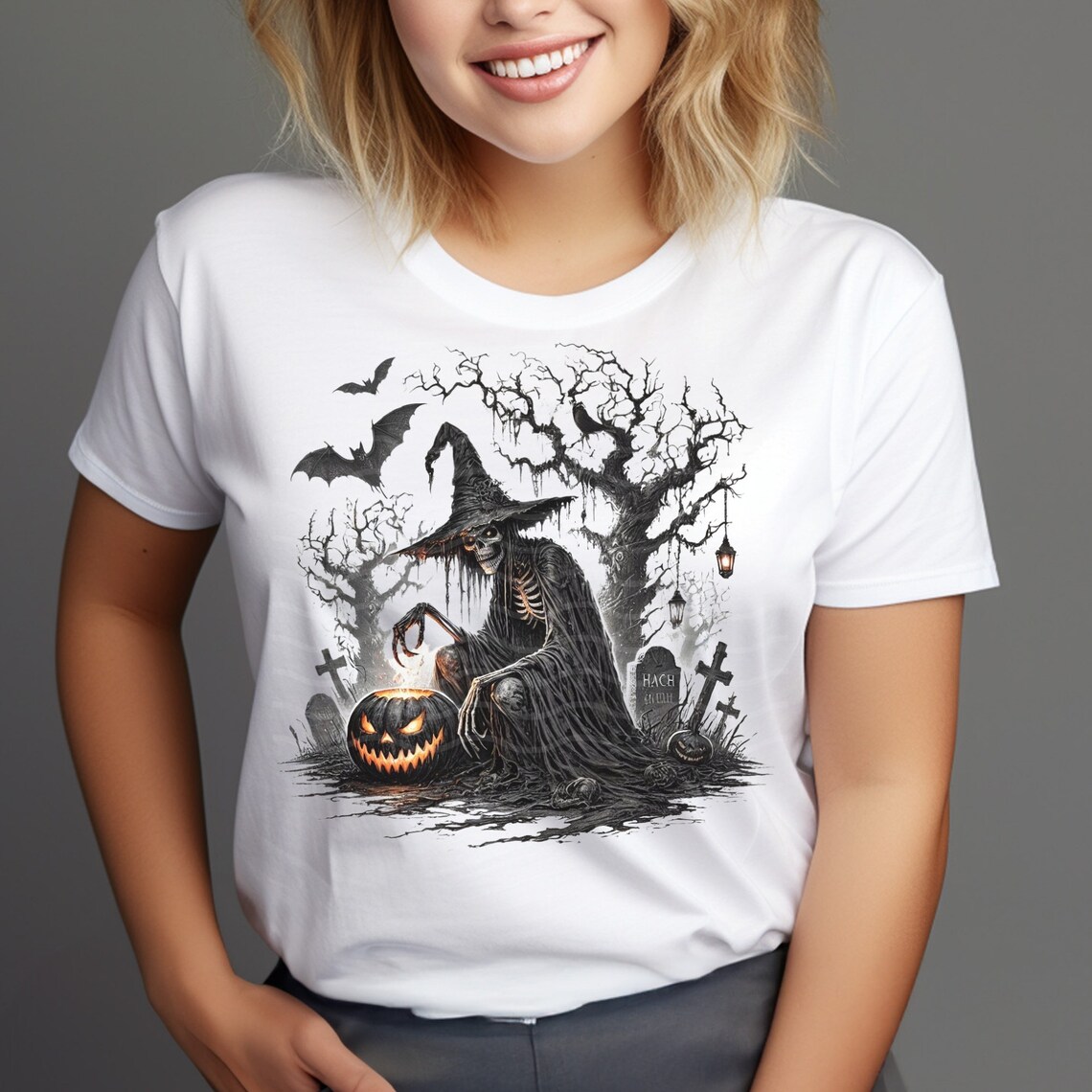 Vintage Halloween Skeleton Witch PNG Digital File | Spooky Graveyard ...