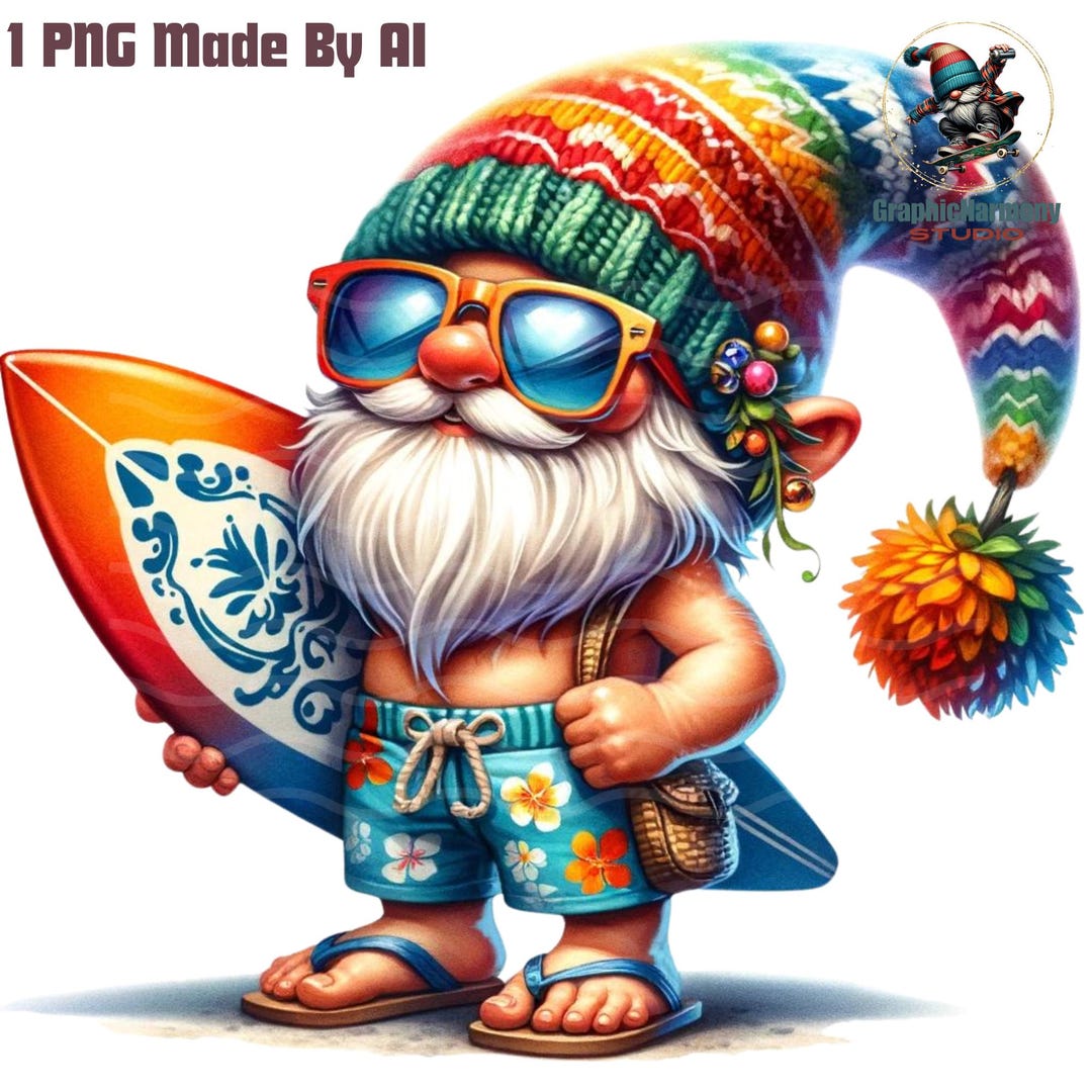 Beach Vacation Gnome PNG | Summer Surfing Gnome Clipart | Colorful ...