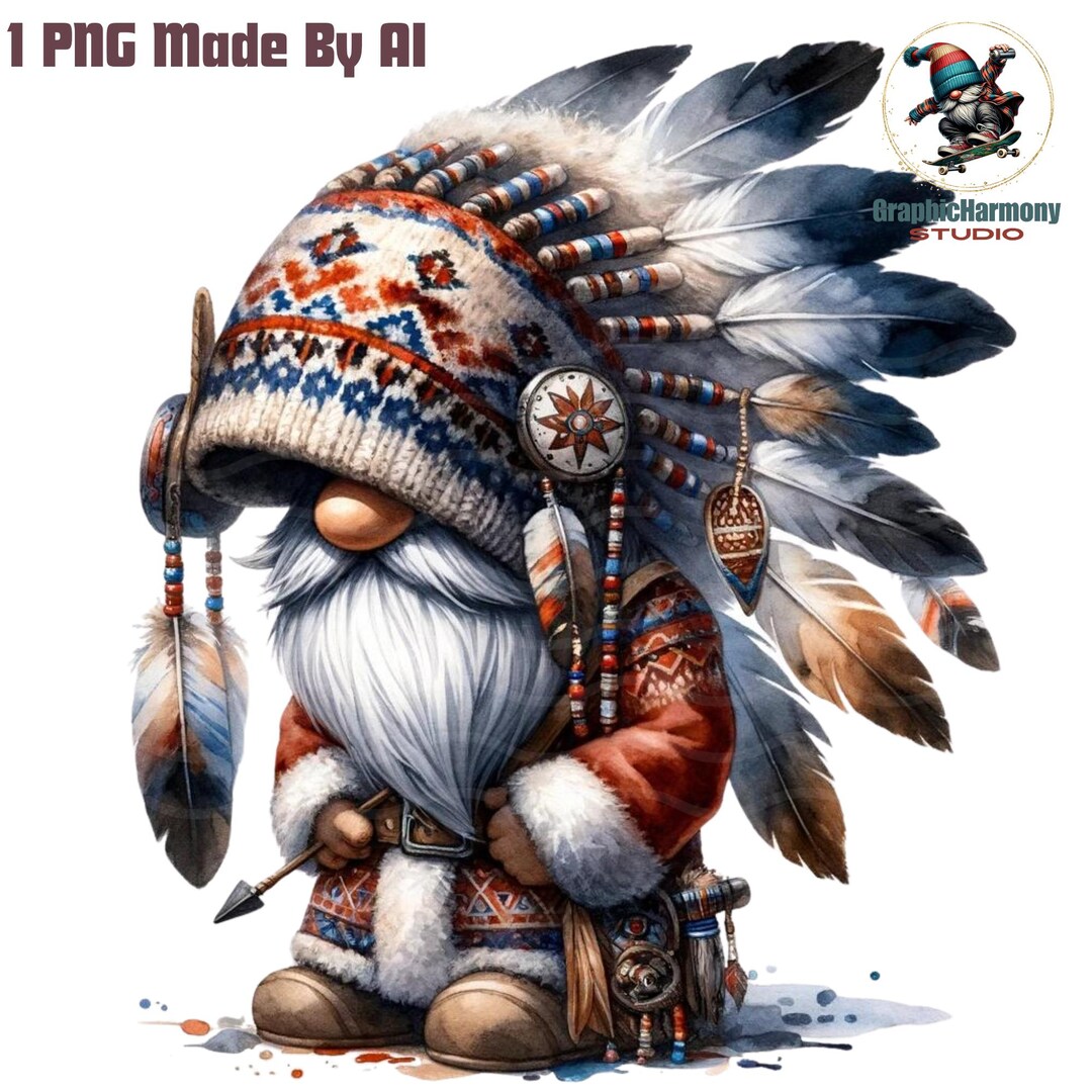 Native American Gnome Art Feathered Tribal Decor Hand-drawn Boho ...