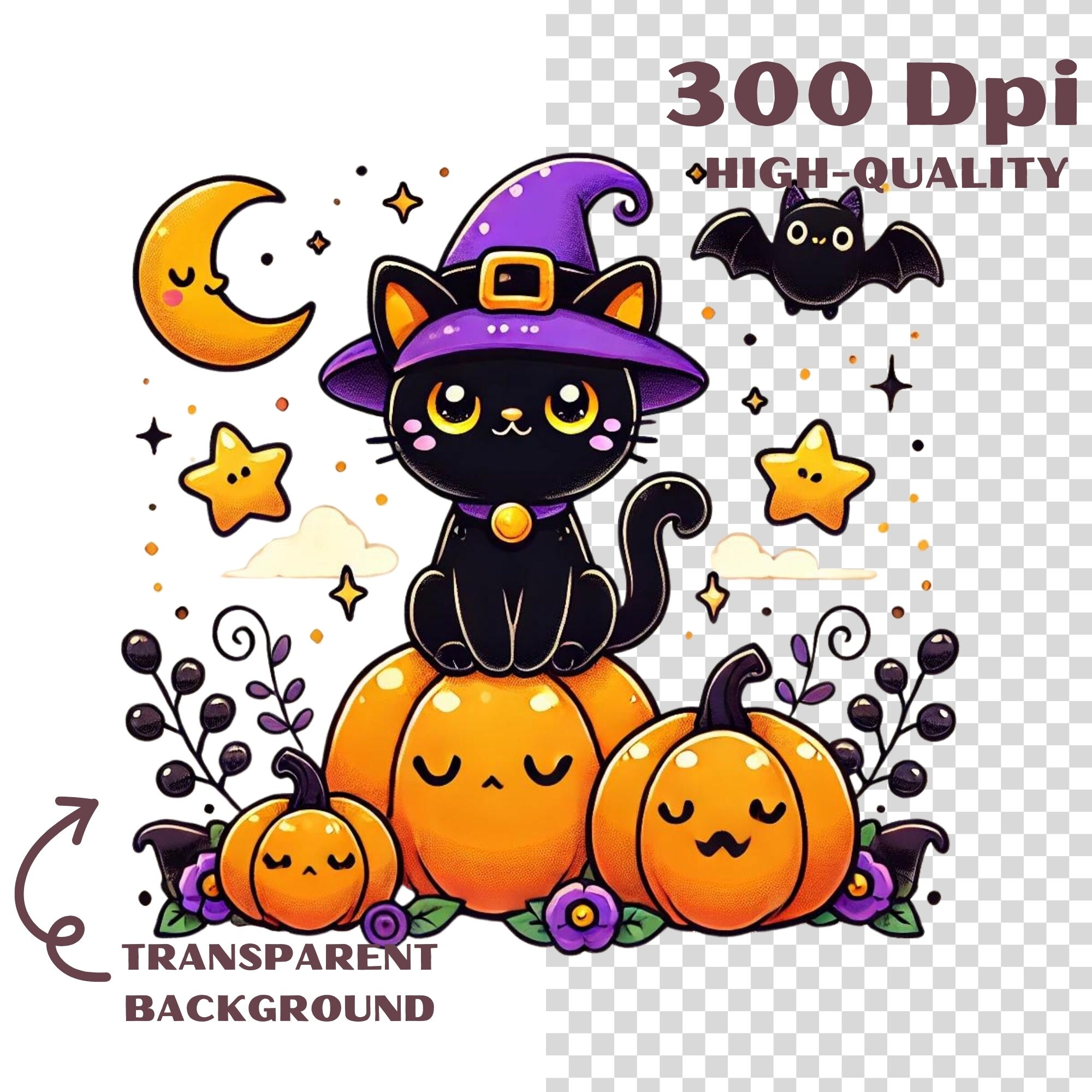 Cute Halloween Black Cat PNG - Kawaii Witch Cat on Pumpkins - Digital ...