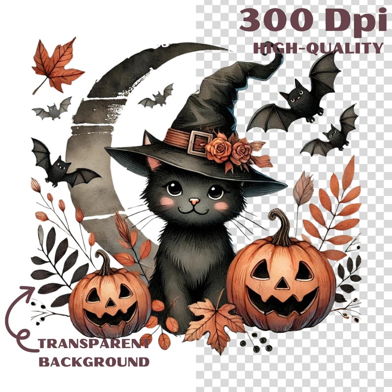 Black Cat Witch Hat PNG, Cute Halloween Cat Clipart, Fall Cat With ...