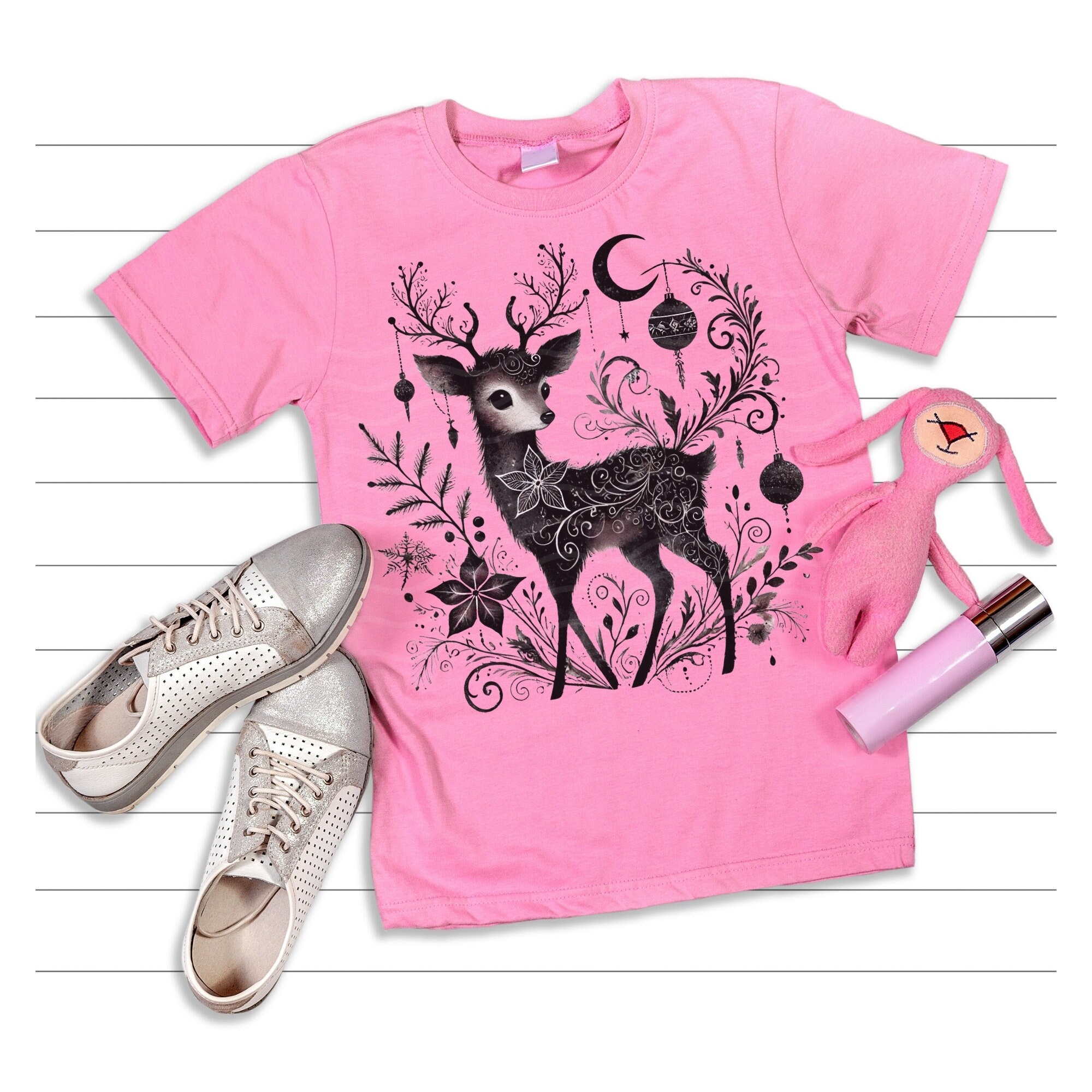 Enchanted Gothic Deer Art - Mystical Black Floral Reindeer Illustration ...