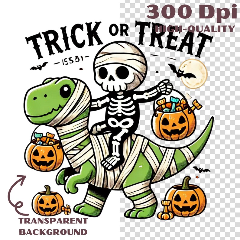 Cute Halloween Dinosaur and Skeleton Illustration Trick or Treat PNG ...