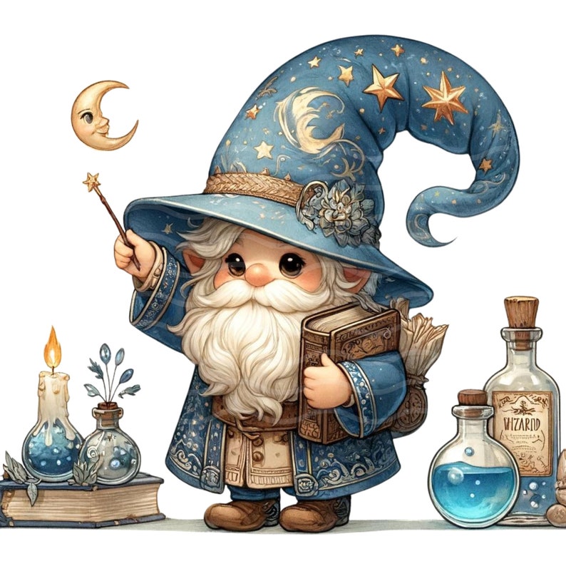 Enchanted Wizard Gnome Clipart-celestial Sorcerer Gnome Digital Art ...