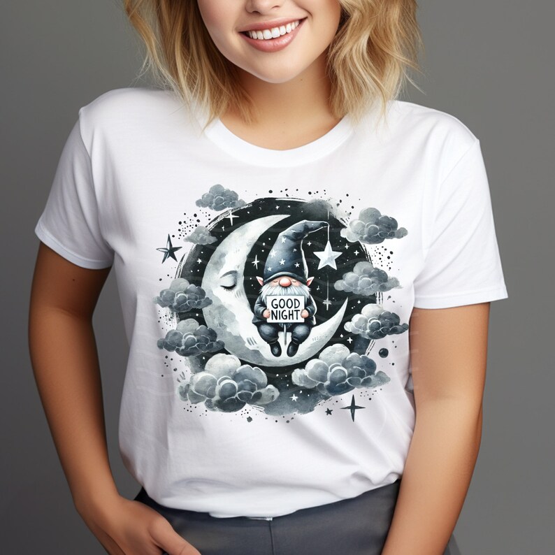 Whimsical Good Night Gnome Art - Sleepy Moon and Stars Scene, Cute ...