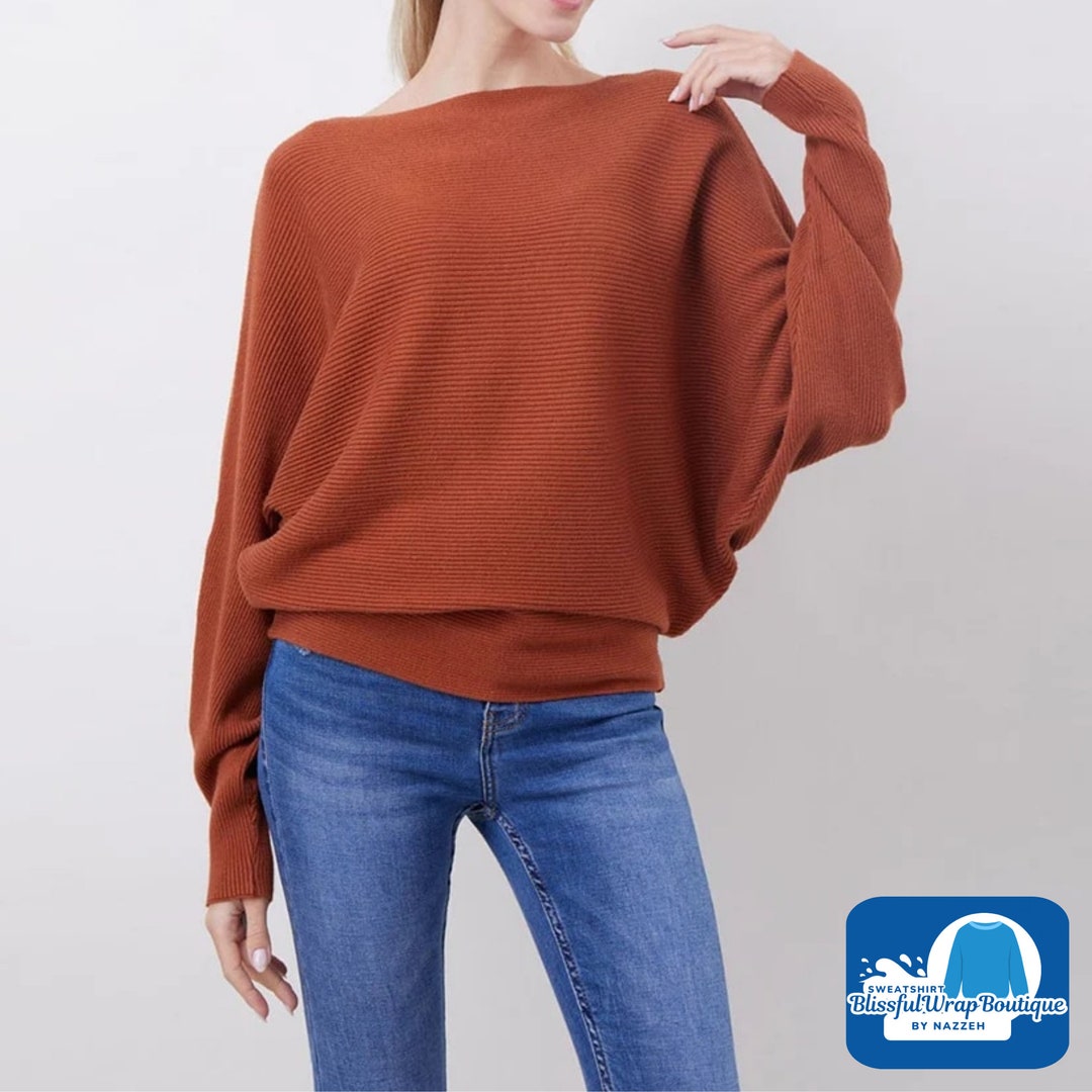 Slash Neck Batwing Sleeve Sweaters | Casual Loose Ladies Pullover ...