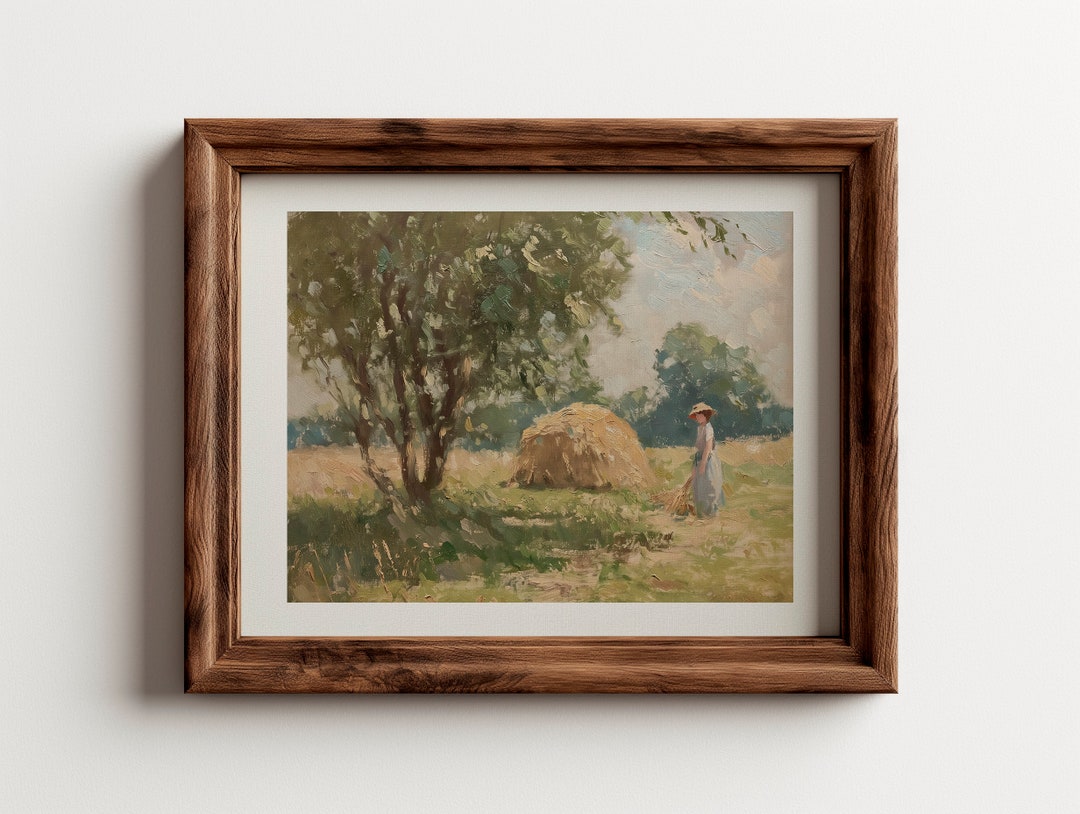 Haymaking, Vintage Summer Landscape, Printable Oil Painting, Rustic ...