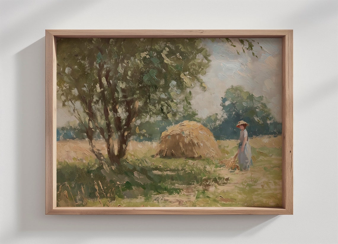 Haymaking, Vintage Summer Landscape, Printable Oil Painting, Rustic ...