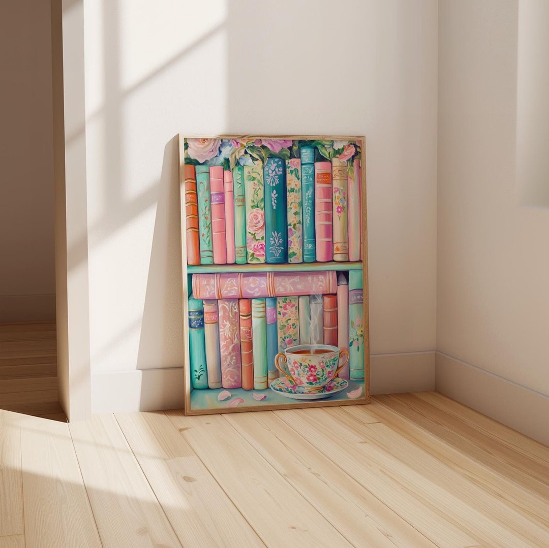 Pastel Book Stack Painting, Whimsical Bookshelf Wall Art, Reading Nook ...